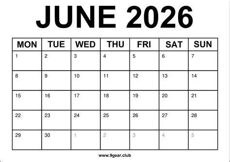 June 2026 Calendar Printable Monday Start Printable Calendars