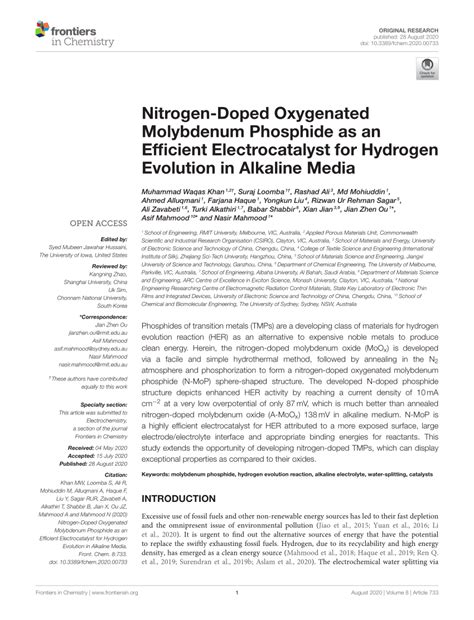 Pdf Nitrogen Doped Oxygenated Molybdenum Phosphide As An Efficient Electrocatalyst For