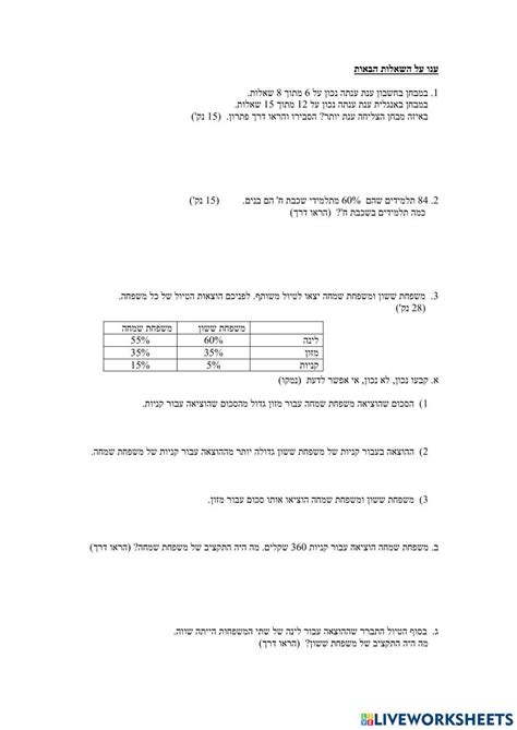 בוחן במתמטיקה לכיתה ח הקבצה א בנושא אחוזים Online Exercise For Live Worksheets