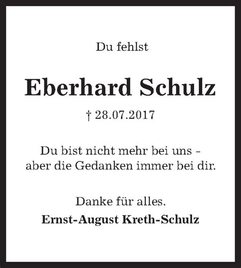 Traueranzeigen Von Eberhard Schulz Trauer Anzeigende