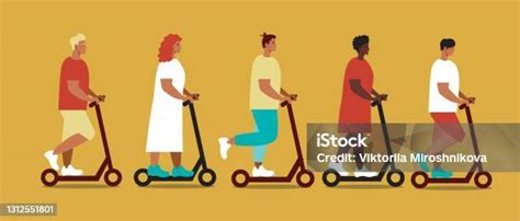 젊은 성인 노인 과 여성을위한 환경 친화적 인 수송로 전기 스쿠터와 전자 스쿠터 고립 플랫 벡터 스톡 일러스트에 사람들은 일러스트레이션에 대한 스톡 벡터 아트 및 기타