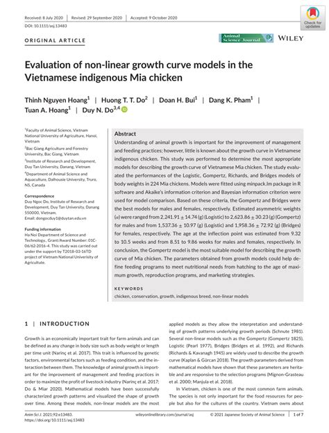 Pdf Evaluation Of Non‐linear Growth Curve Models In The Vietnamese Indigenous Mia Chicken