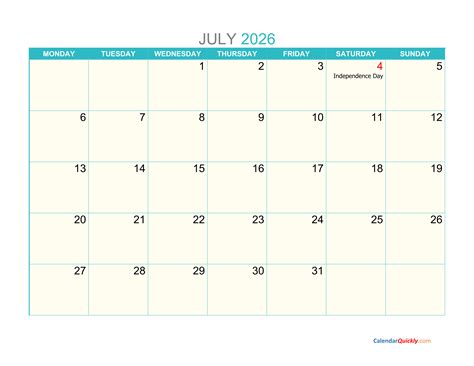 July Monday 2026 Calendar Printable Calendar Quickly