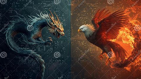 A Fierce Digital Battle Between A Dragon And An Eagle Symbolizing The Ongoing Tech War Between