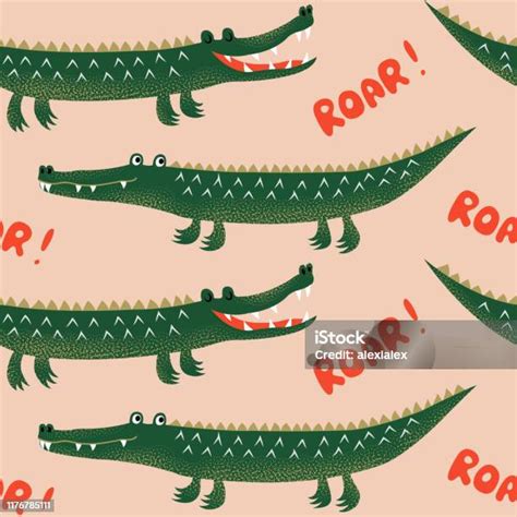 귀여운 만화 악어 재미있는 아이 인쇄와 원활한 패턴 벡터 손으로 그린 그림 아이 직물 포장 직물 이빨에 대한 스톡 벡터 아트 및 기타 이미지 Istock