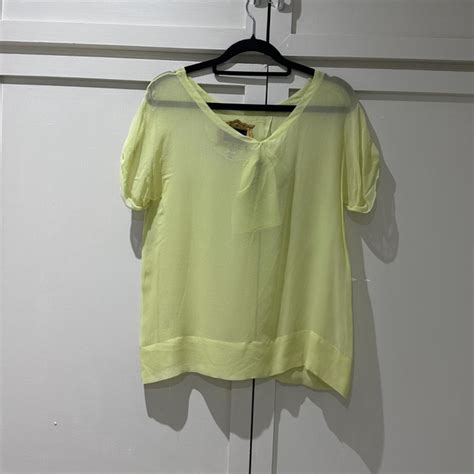 Preloved Sheer Lime Silk Tee With Bow Detail Suite Depop