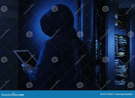 Hooded Computer Hacker Stealing Information With Tablet Pc Stock Image Image Of Network