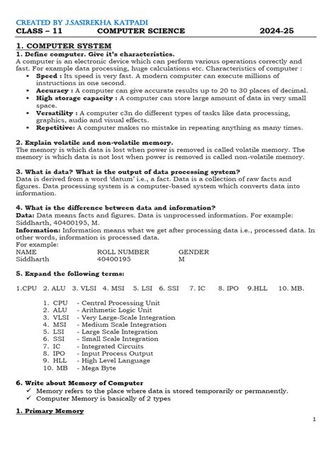 Class 11 Cs Study Material Pdf Computer Data Storage Byte