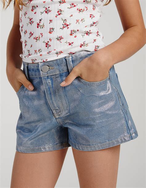 Rsq Girls Metallic Coated Denim Shorts Blue Combo 7 Tillys