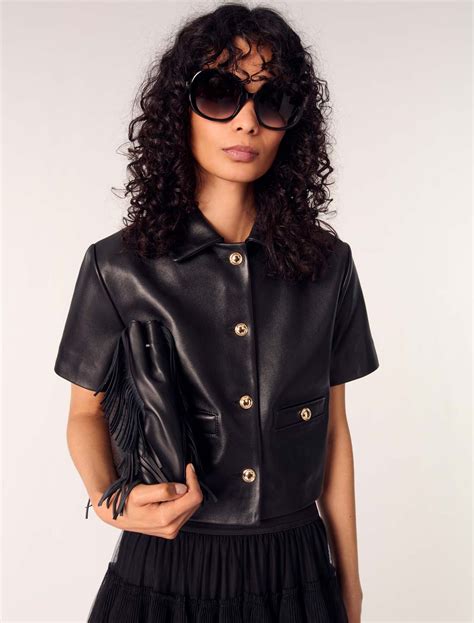 Cropped Leather Jacket Black Gray For Women Maje