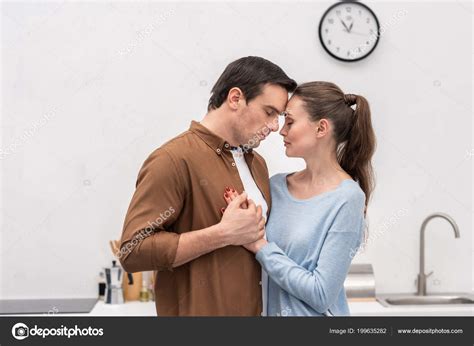 Beautiful Adult Couple Cuddling Home Front White Brick Wall — Free