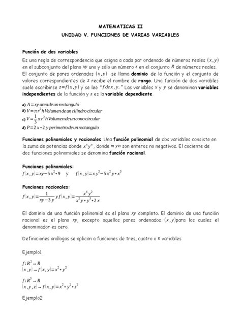 Guia Unidad V Funciones De Varias Variables Pdf Conceptos