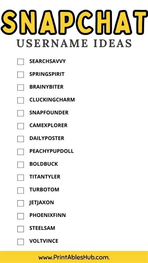 Printable List Of Snapchat Username Ideas
