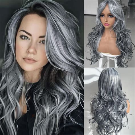 Aisaide Long Wavy Gray Layered Wig With Curtain Bangs For Women