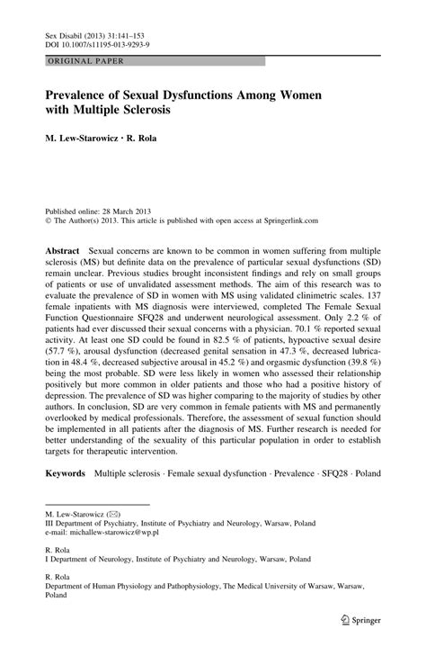 Pdf Prevalence Of Sexual Dysfunctions Among Women With Multiple Sclerosis