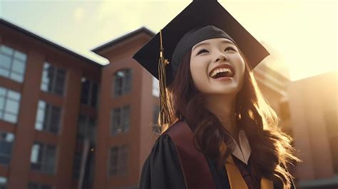 Premium Ai Image High School Girl In Graduation Cap And Gown On Her