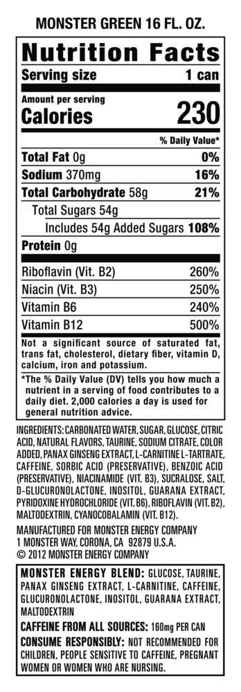 Monster Energy Monster Energy Monster Original Nutrition Facts