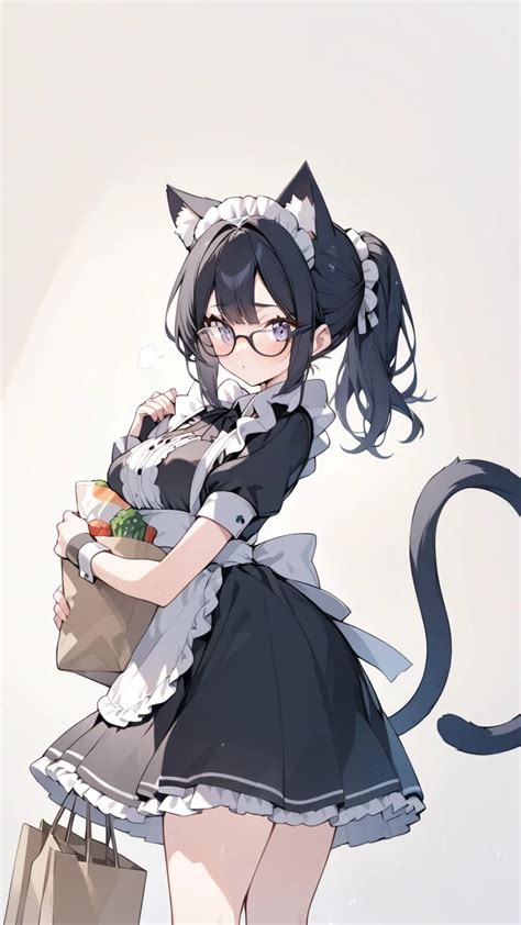 Black Hair Glasses Maid Maid Outfit Cat Ears Tail Shopping