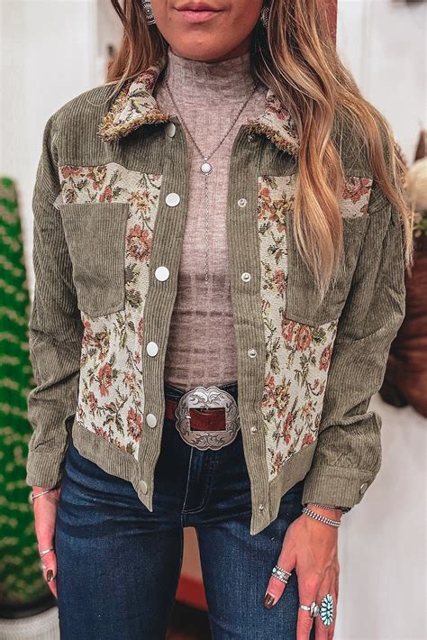 Sage Green Ribbed Retro Floral Patchwork Jacket