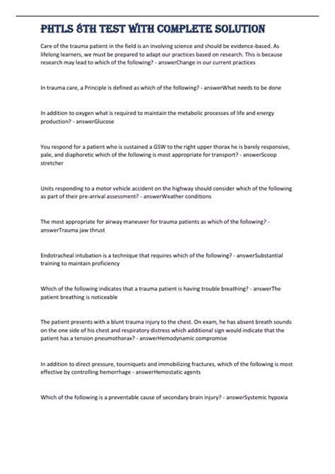 Phtls 8th Test With Complete Solution Phtls Stuvia Us