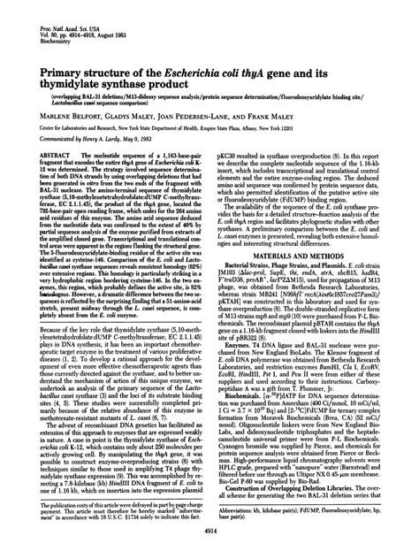 Primary Structure Of The Escherichia Coli Thya Gene And Its Thymidylate Synthase Product Pmc