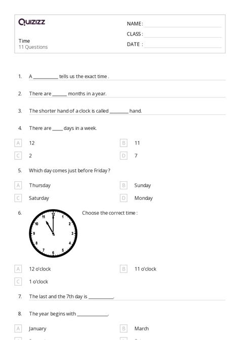 50 Time Worksheets For 1st Class On Quizizz Free And Printable