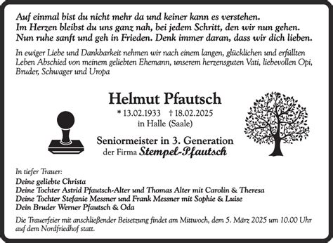 Traueranzeigen Von Helmut Pfautsch Abschied Nehmende