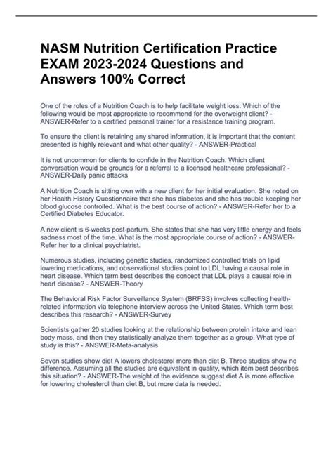 Nasm Nutrition Certification Practice Exam Questions And Answers 100 Correct Nasm Nutrition