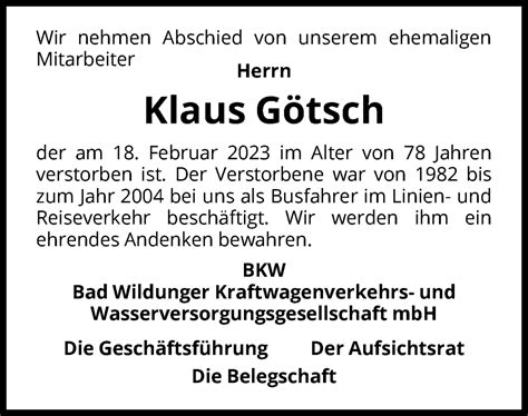 Traueranzeigen Von Klaus Götsch Trauerwlz Onlinede