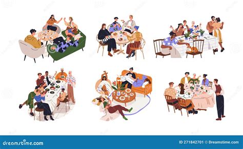 Friends Gatherings Around Dinner Tables Set Happy People Eating