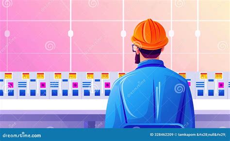 A Man In A Hard Hat Sits At A Control Panel Monitoring A System Stock