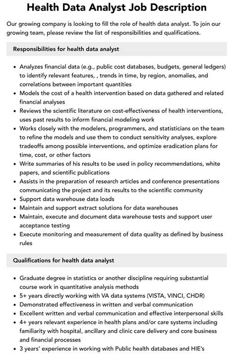 Health Data Analyst Job Description Velvet Jobs