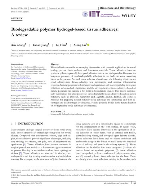 Pdf Biodegradable Polymer Hydrogel‐based Tissue Adhesives A Review