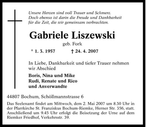 Traueranzeigen Von Gabriele Liszewski Trauer In Nrwde