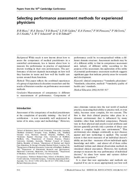 Pdf Selecting Performance Assessment Methods For Experienced Physicians