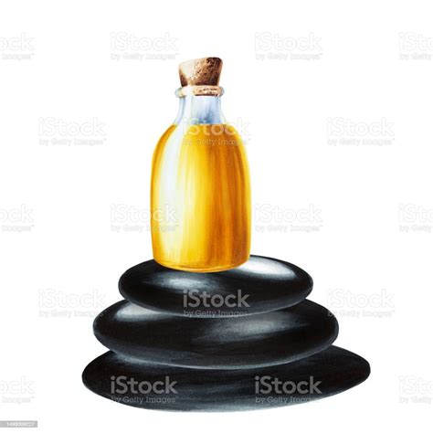 스파 젠 스톤에 코르크 캡이 달린 수채화 기름 유리병은 흰색 배경에 분리된 피라미드입니다 미용 제품 및 식물학 요소 미용 및 의학 디자이너 스파 장식 엽서 포장지 스크랩북