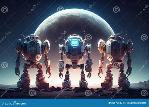 Three Robots In Space Galaxy Standing On Planet With Moon View