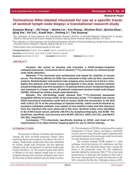 Pdf Technetium 99m Labeled Rituximab For Use As A Specific Tracer Of Sentinel Lymph Node