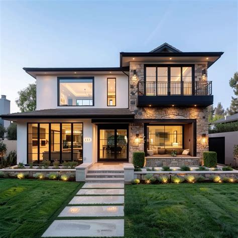 Luxury Modern House In Stone Siding Black Flat Roof Led Lighting Large