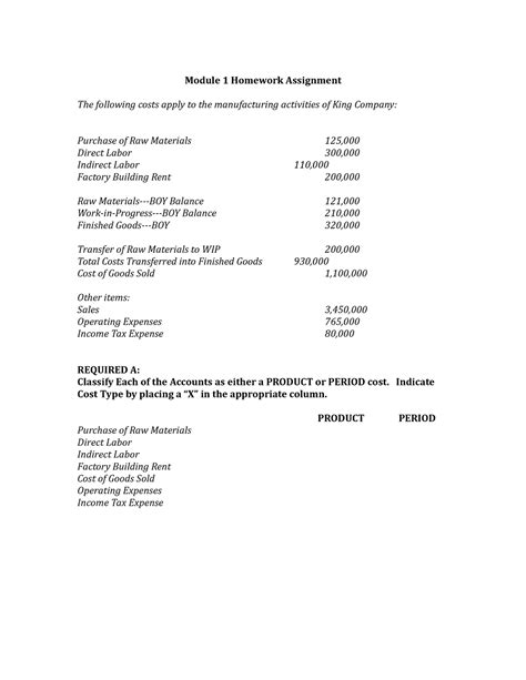 2022 Module 1 Homework Assignment Module 1 Homework Assignment The Following Costs Apply To