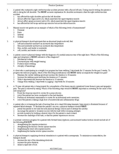 Peat 5 Comprehensive Practice Test For Physical Therapy Studocu