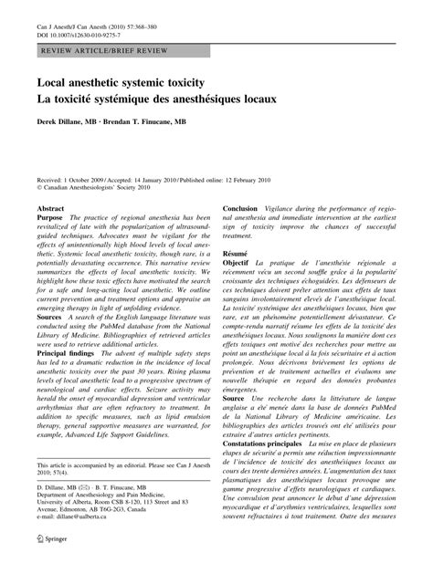 Pdf Prevention Of Local Anesthetic Systemic Toxicity