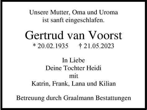 Traueranzeigen Von Gertrud Van Voorst Nordwest Trauerde