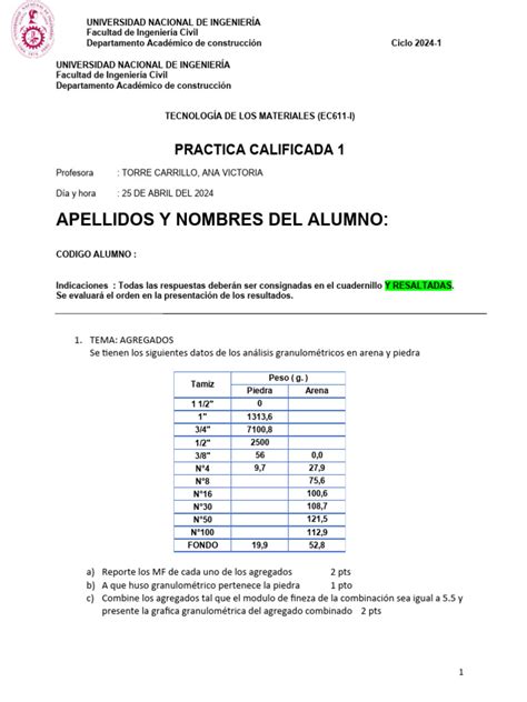 Practica Calificada 1 Pdf Hormigón Ingeniero Civil