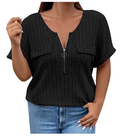 Mittory Womens Plus Size Short Sleeve Zipper V Neck Tops Solid Color