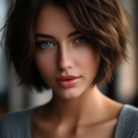 Incredibly Seductive Girl Brunette Short Haircut Gray Blue Eyes