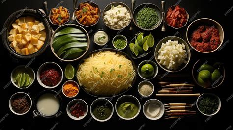 Assorted Indian Ethnic Food Buffet On Rustic Concrete Table From Above Curry Fried Samosa Rice