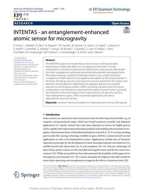 Pdf Intentas An Entanglement Enhanced Atomic Sensor For Microgravity