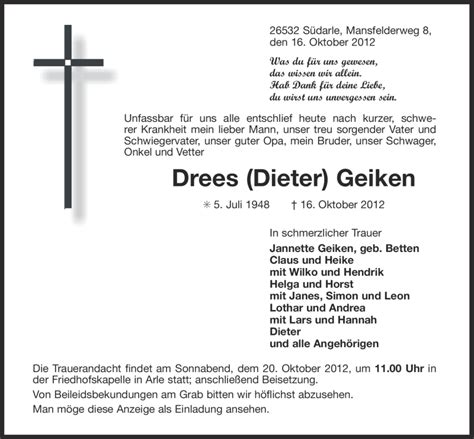 Traueranzeigen Von Drees Geiken Ok Trauerde