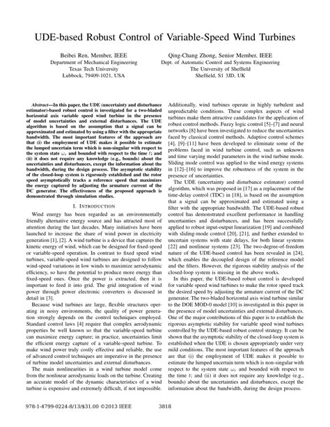 Pdf Ude Based Robust Control Of Variable Speed Wind Turbines